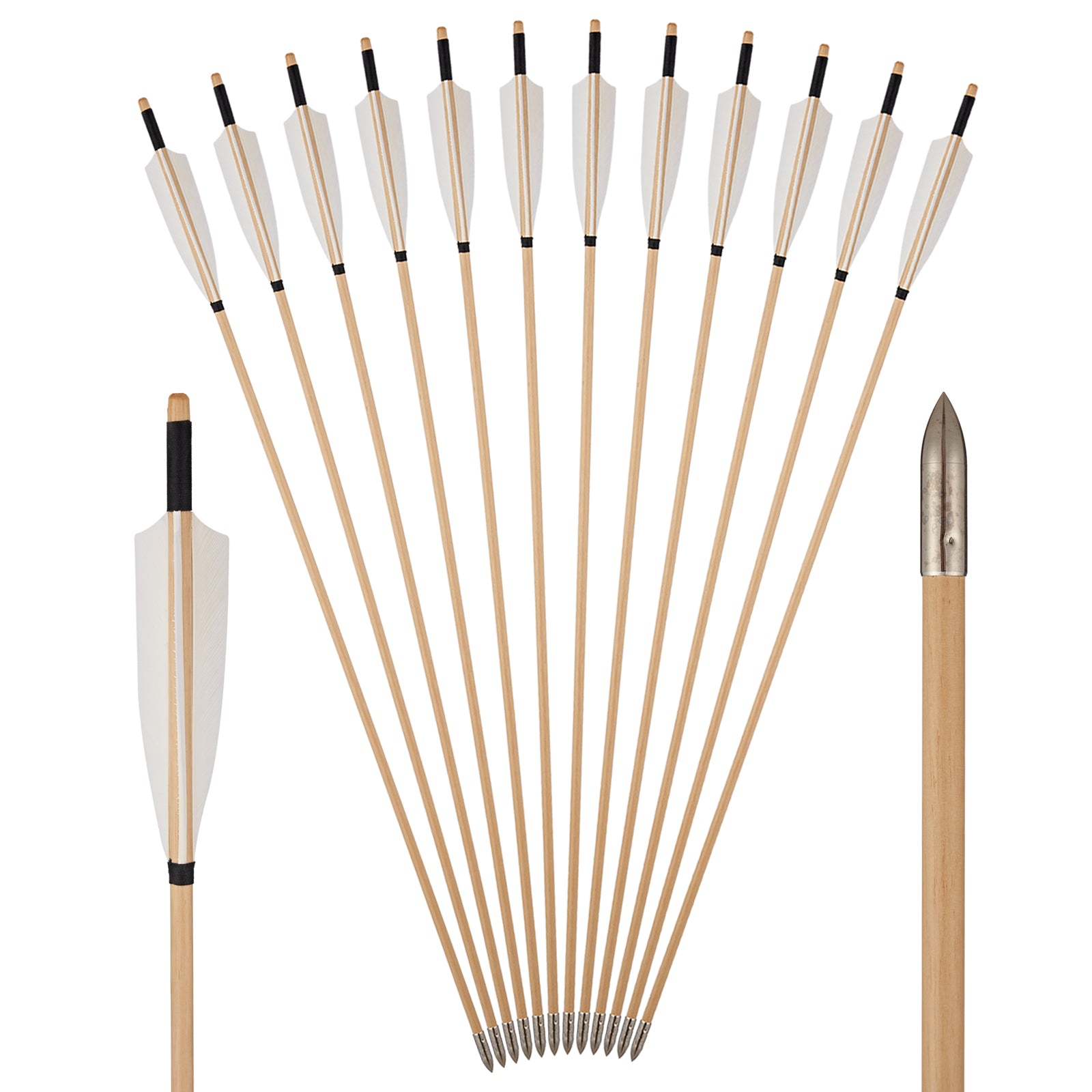 12x 31.5" Fletched Trad Archery Wooden Arrows White Turkey Feather Tar ...