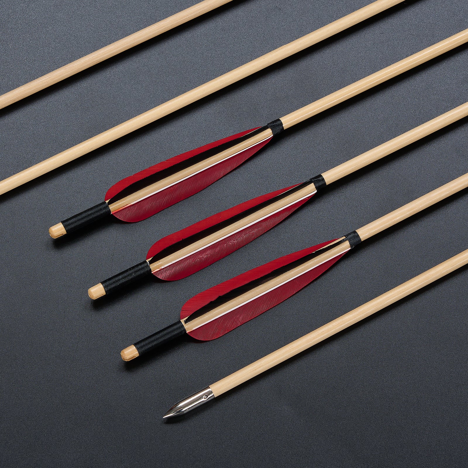 12x 31.5" OD 8mm Fletched Trad Archery Wooden Arrows Black/Red Turkey ...