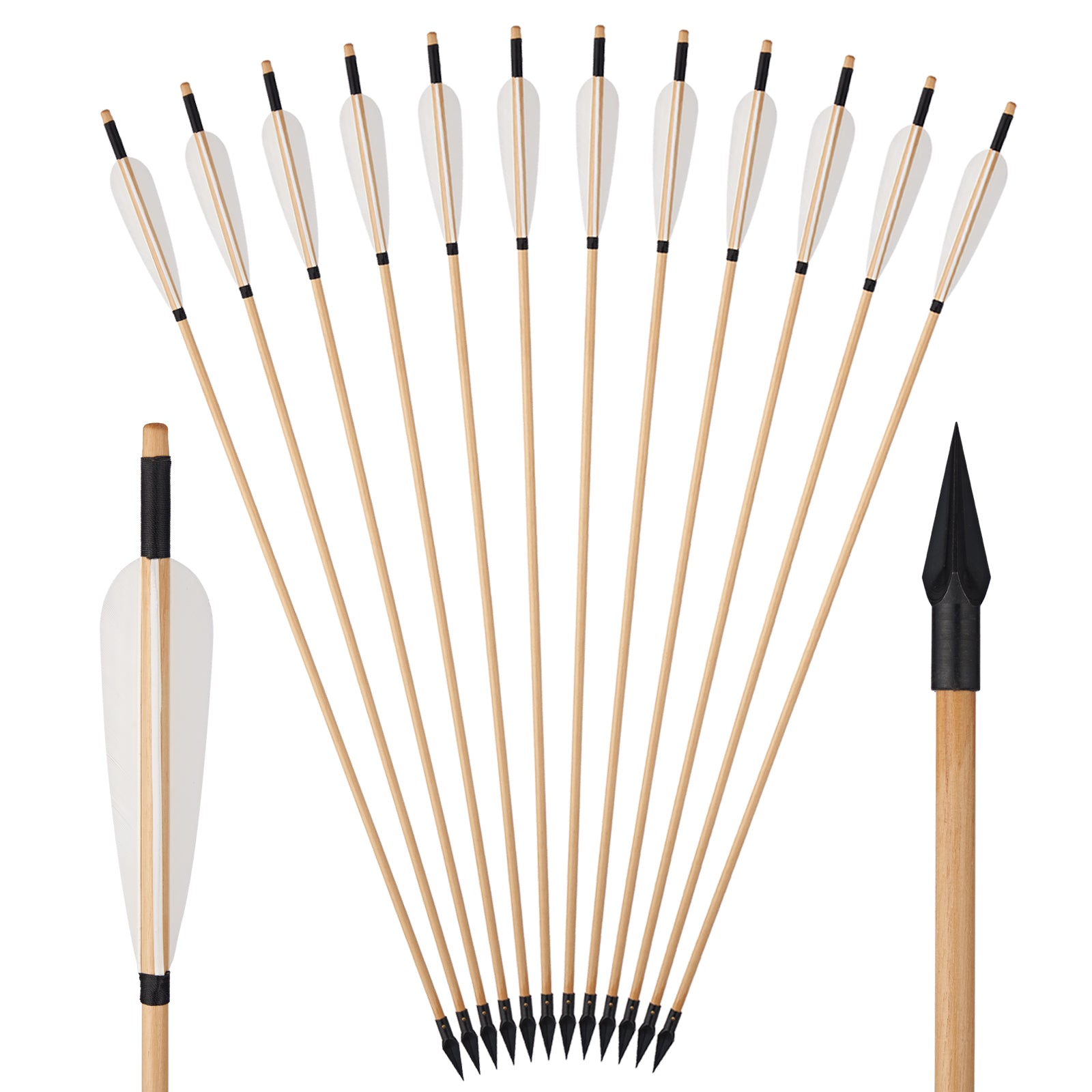 12x 31.5" Parabolic White Feather Fletched Wood Archery Arrows with Ta ...