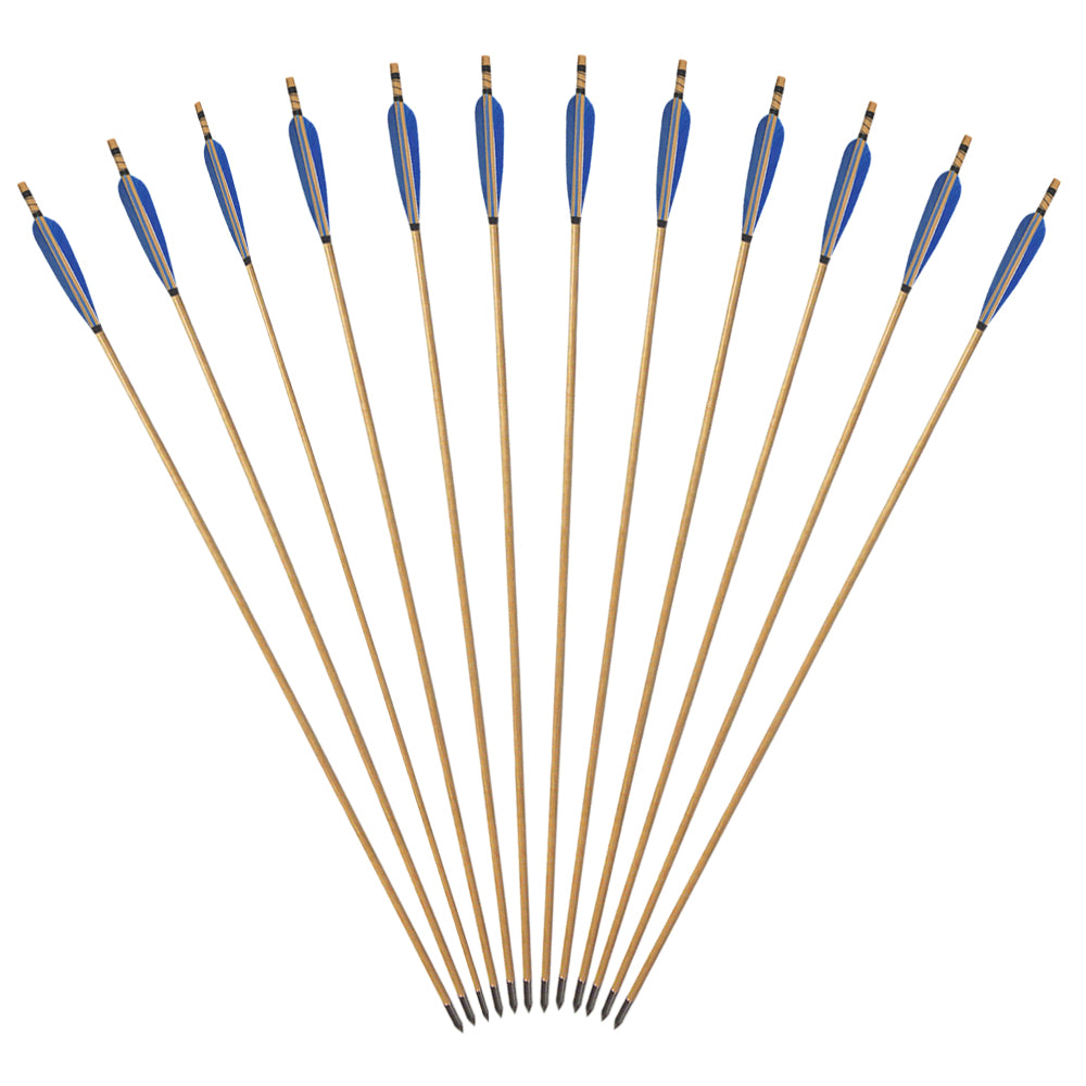 12x 31.5" 8mm Parabolic Blue Feather Wood Archery Arrows with Field Po ...