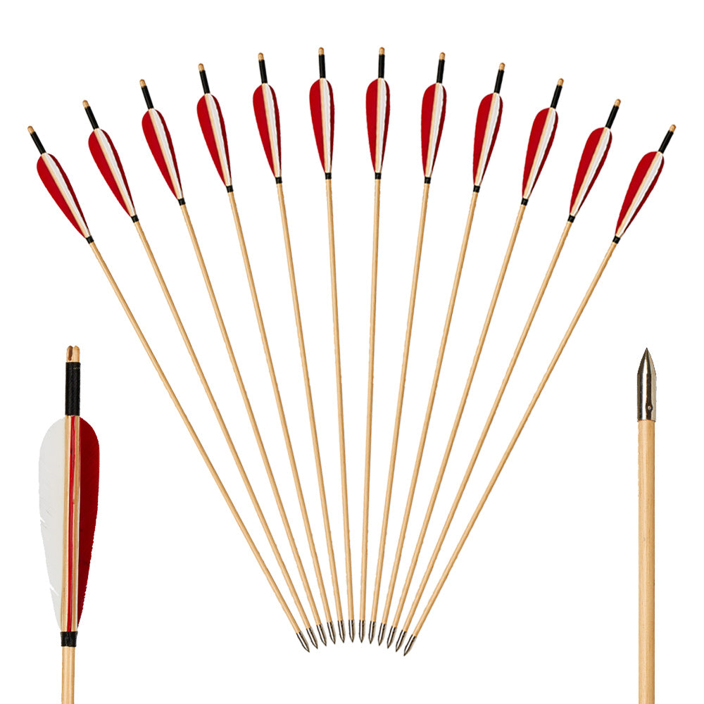 12x 31.5" 8.5mm Parabolic Red/White Feather Fletched Wood Archery Arro ...