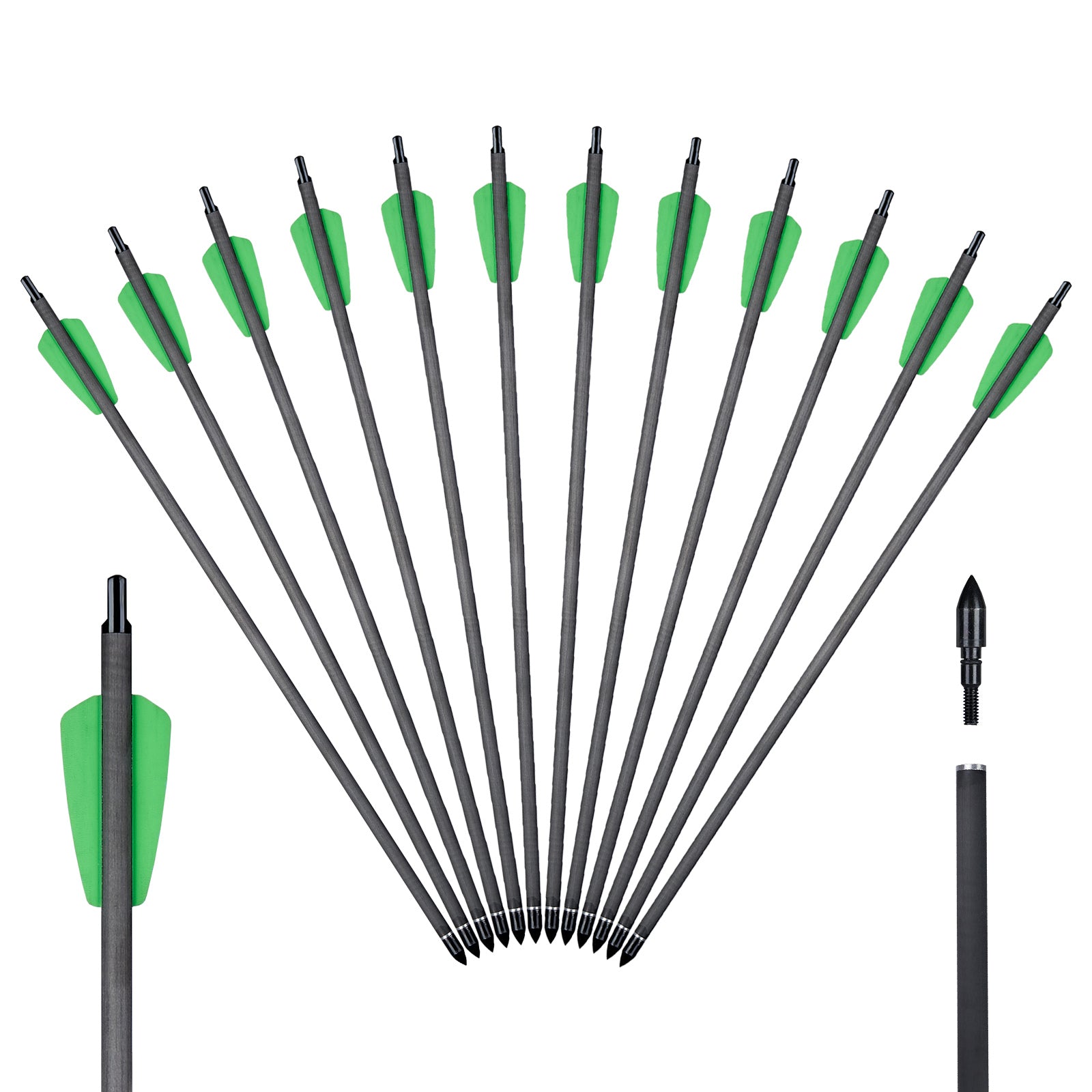 12x 15" OD 7.5mm ID 6.2mm Pure Carbon Crossbow Bolts Arrows 2" Shield ...